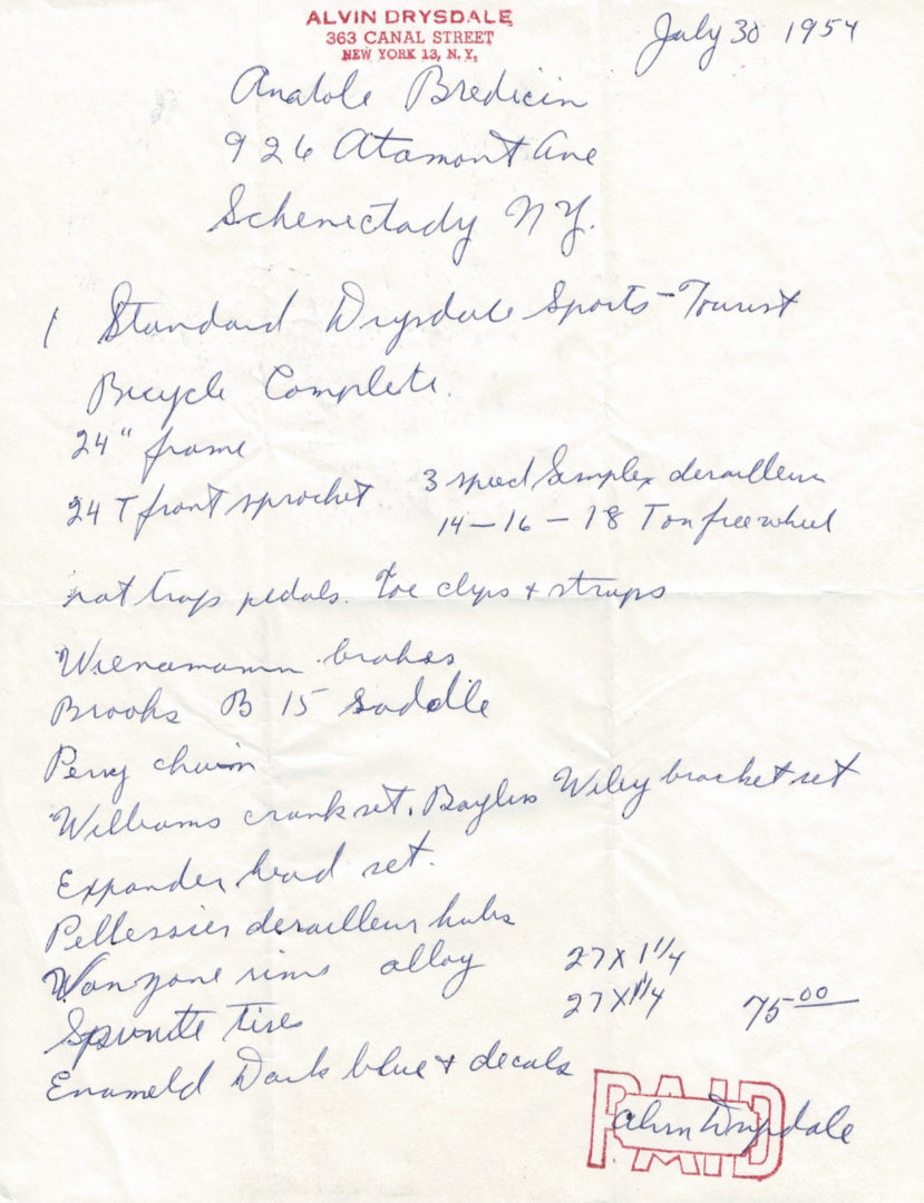 ebykr-alvin-drysdale-bicycle-build-sheet-7-30-1954 | Ebykr